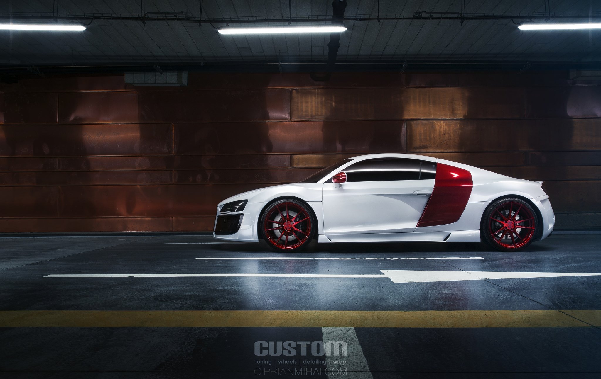 Glamorous White Audi R8 with Red Accents and Red Wheels | CARiD.com Gallery