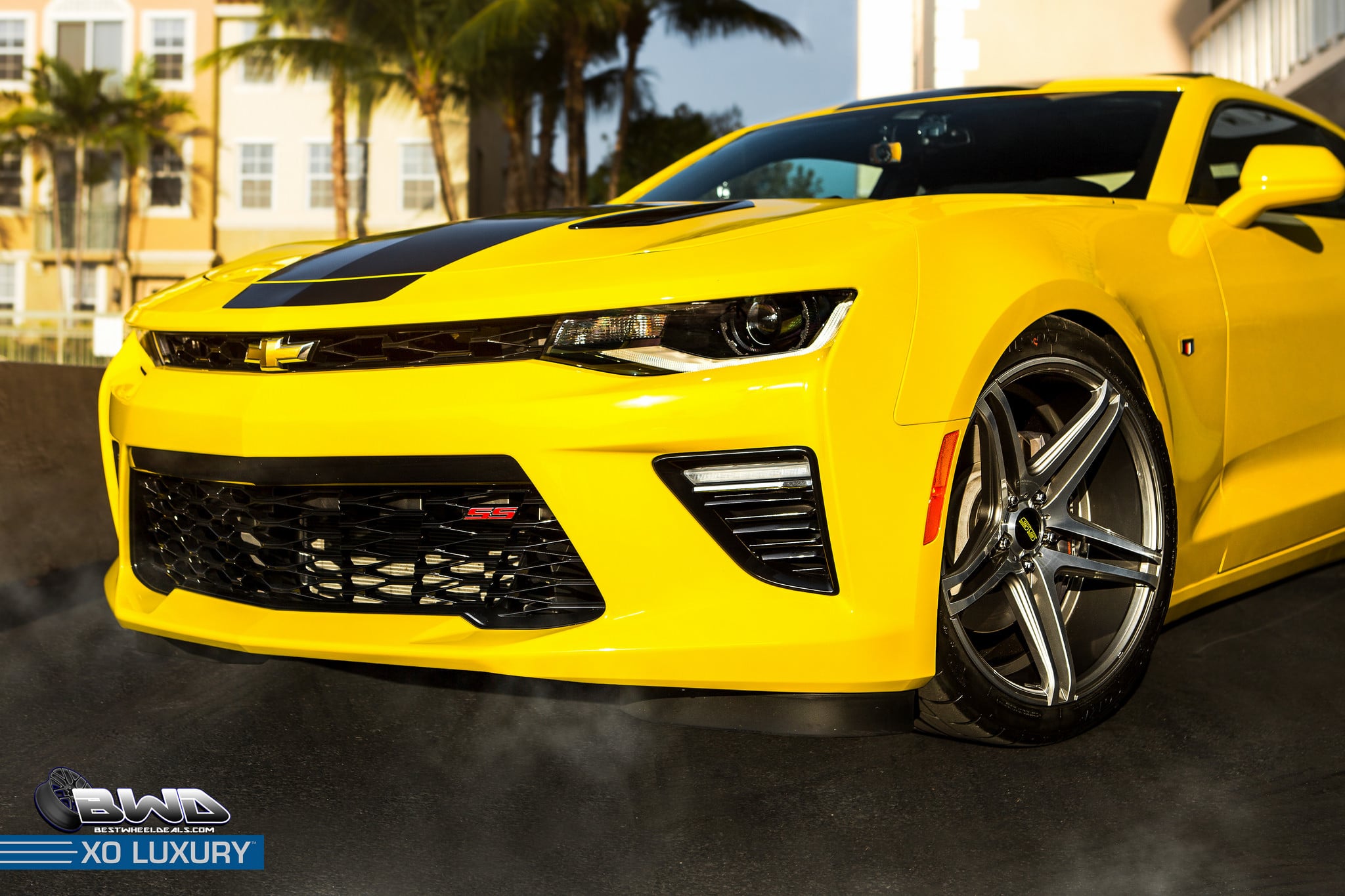 Yellow Camaro SS with Black Stripe on XO Luxury Wheels | CARiD.com Gallery