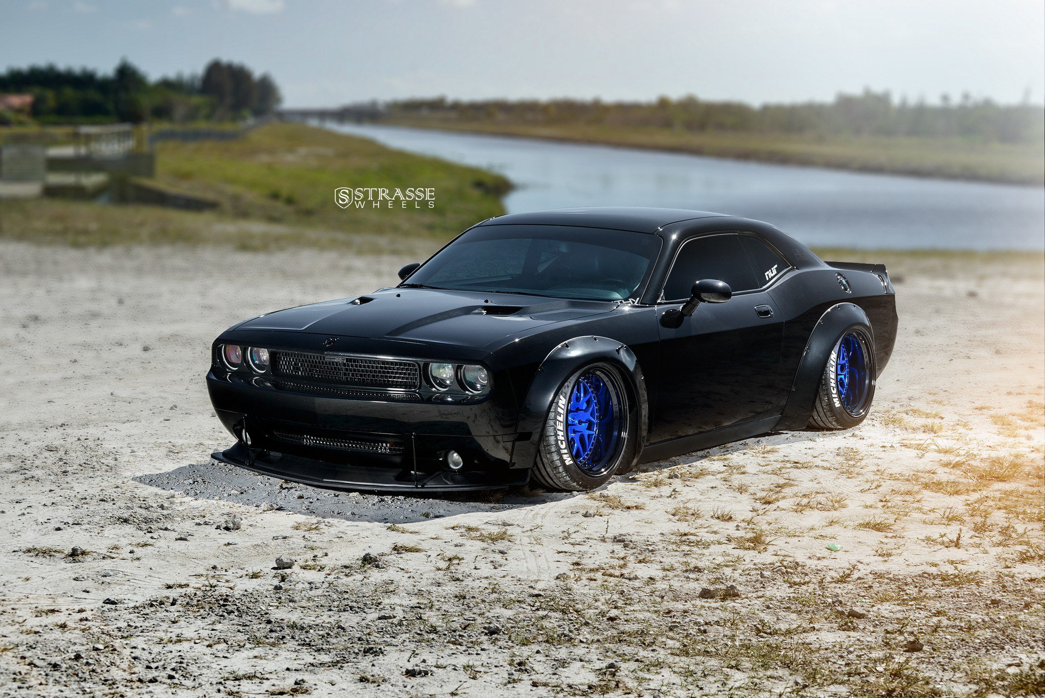 Stanced Out Black Dodge Challenger Stands Out with Gloss Blue Strasse ...
