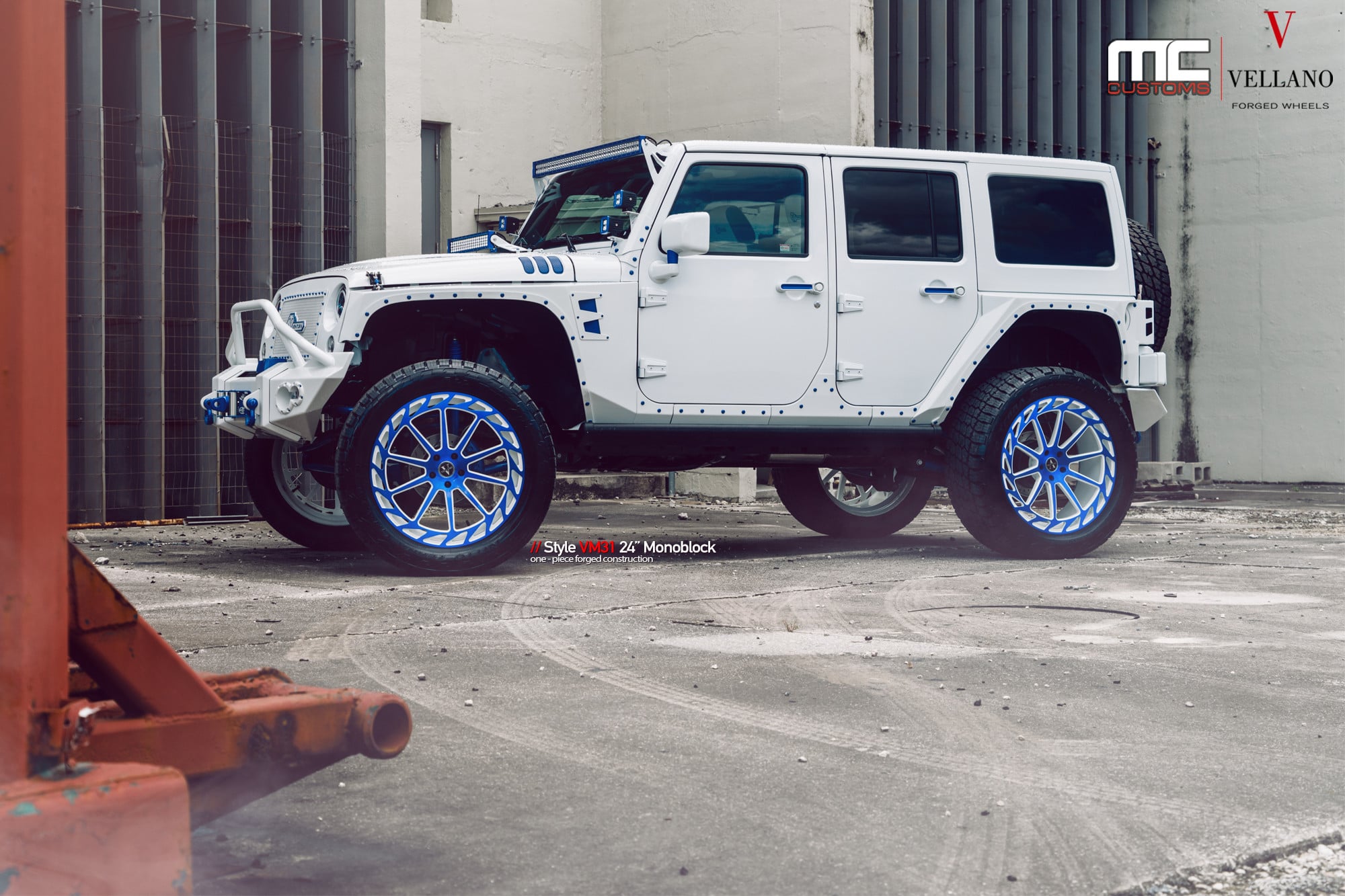 Lifted Stylish White Jeep Wrangler on 24 Inch Blue Vellano Rims and ...