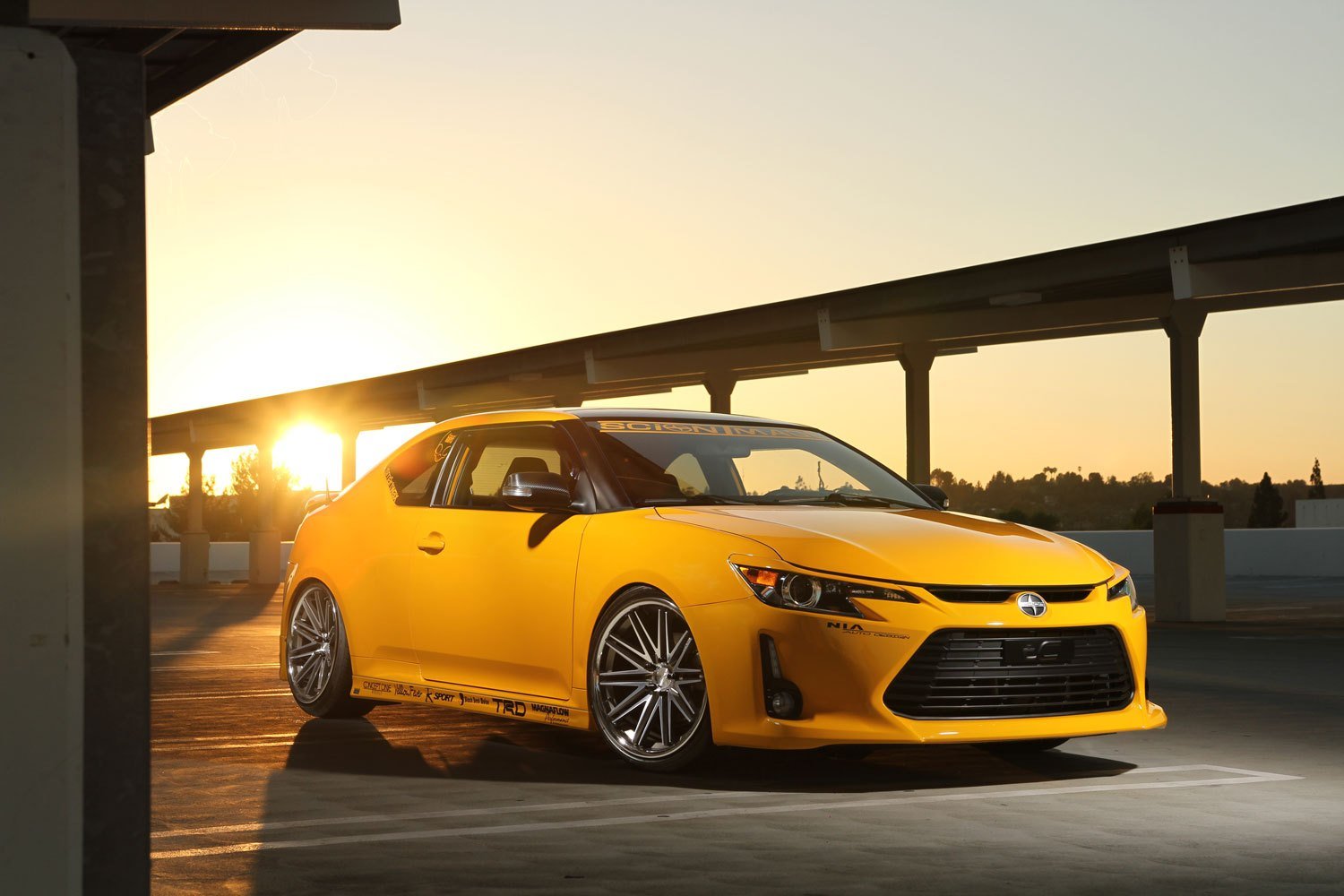 Stanced Blazing yellow Scion TC by Concept One | CARiD.com Gallery