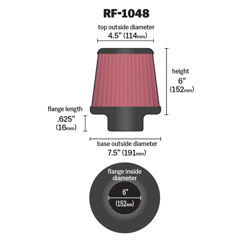 K&N® RF-1048 - Round Tapered Red Air Filter (6" F x 7.5" B x 4.5" T x 6" H)