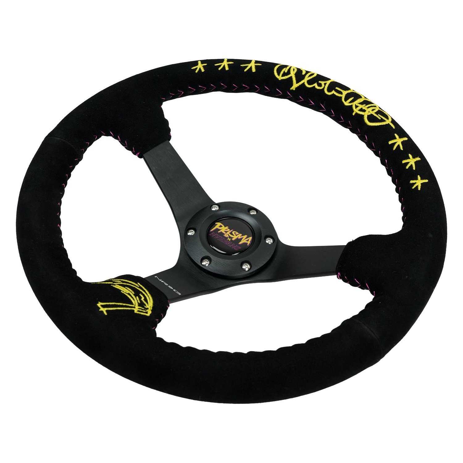 NRG Innovations® - 3-Spoke NVRFANS Black Leather Reinforced Steering Wheel