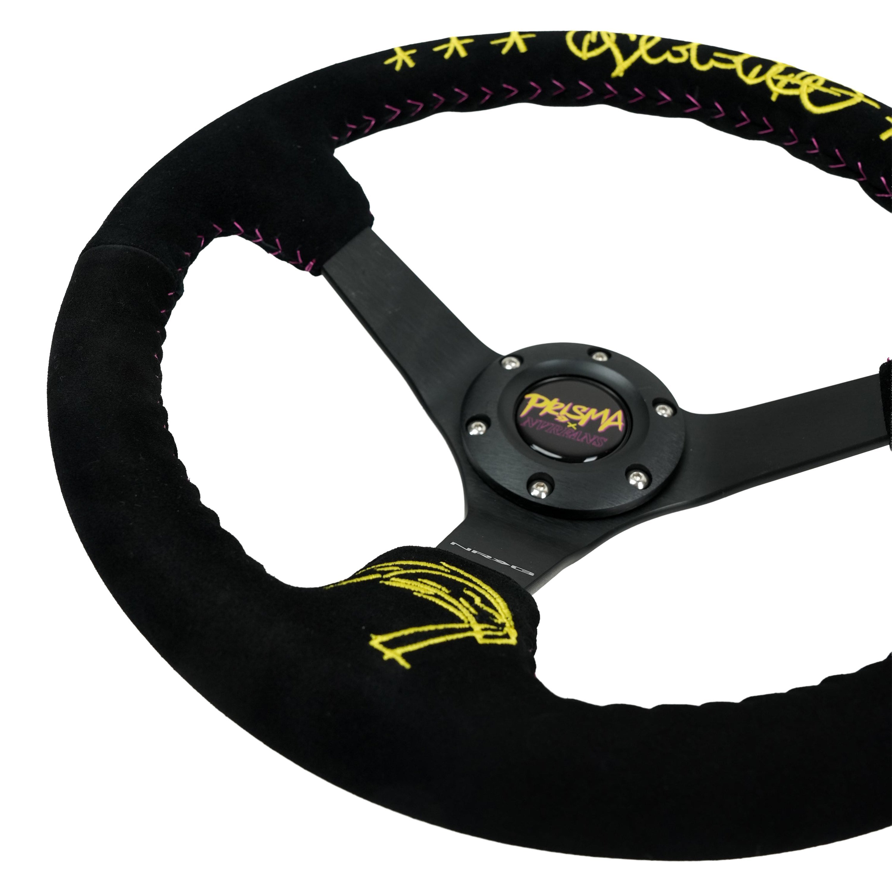 NRG Innovations® - 3-Spoke NVRFANS Black Leather Reinforced Steering Wheel
