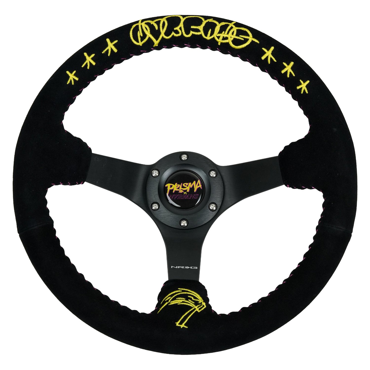 NRG Innovations® - 3-Spoke NVRFANS Black Leather Reinforced Steering Wheel