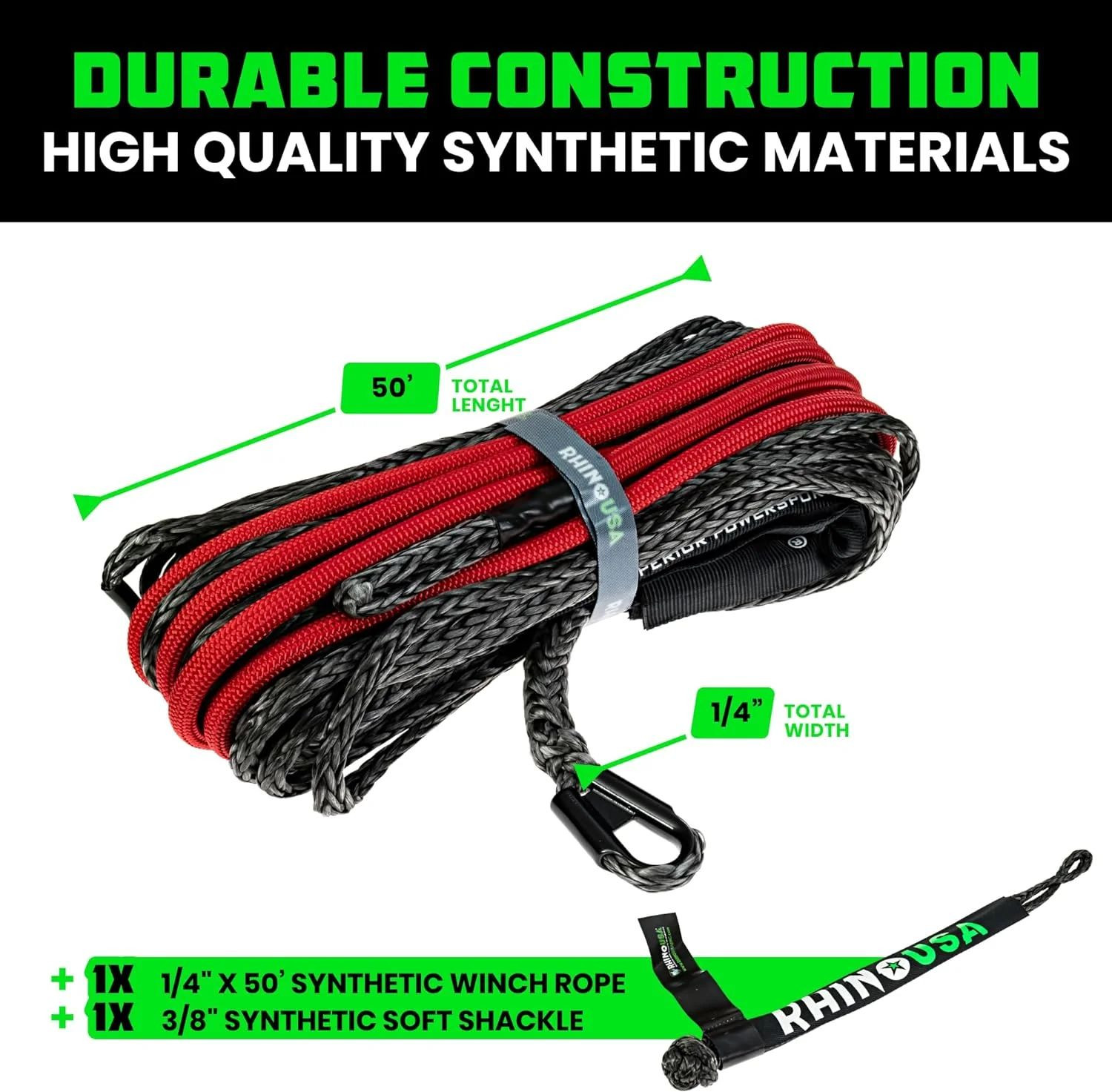 Rhino USA® RG-SRWIN1450-BLK - Synthetic Winch Rope